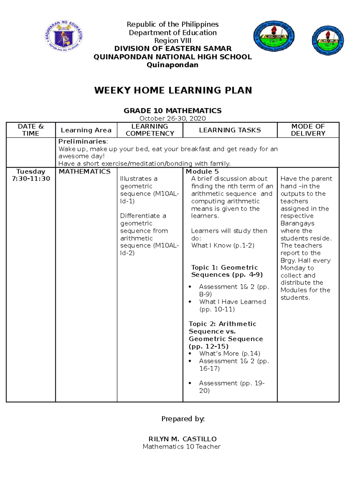 MATH WEEK 4 - Learning Activity Sheet for Mathematics 10 Quarter 4 week ...