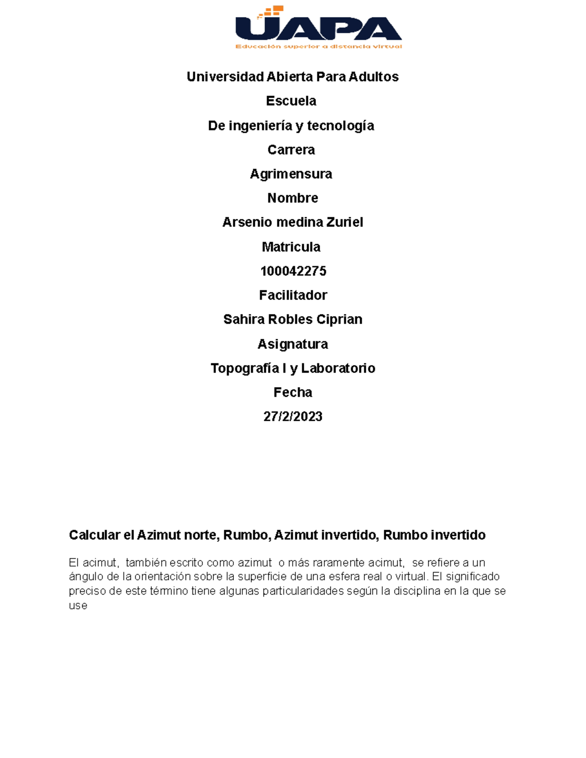 Tarea-3 Topografia-Calcular el Azimut norte - Universidad Abierta Para ...