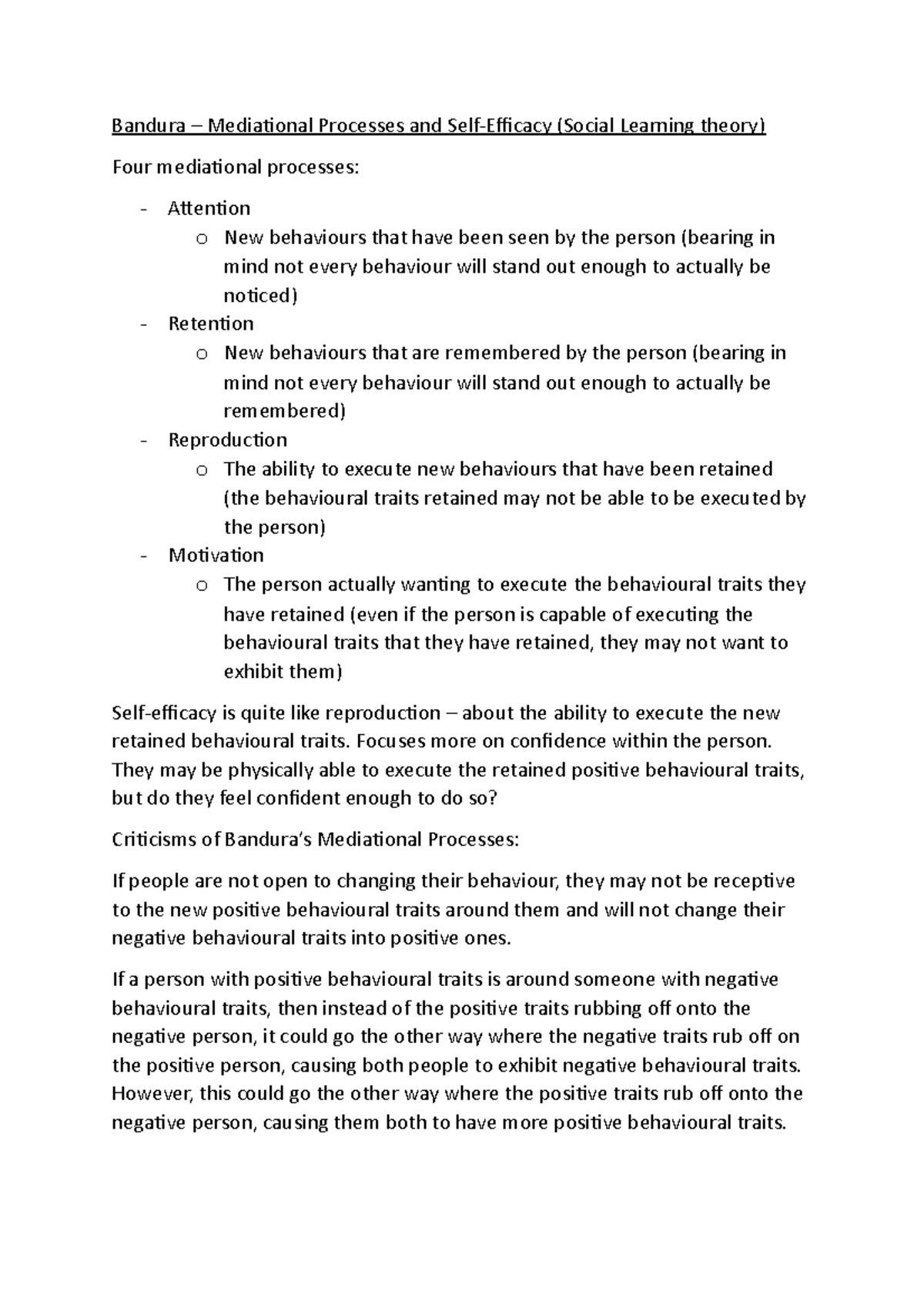 Bandura – Mediational Processes and Self-Efficacy (Social Learning ...