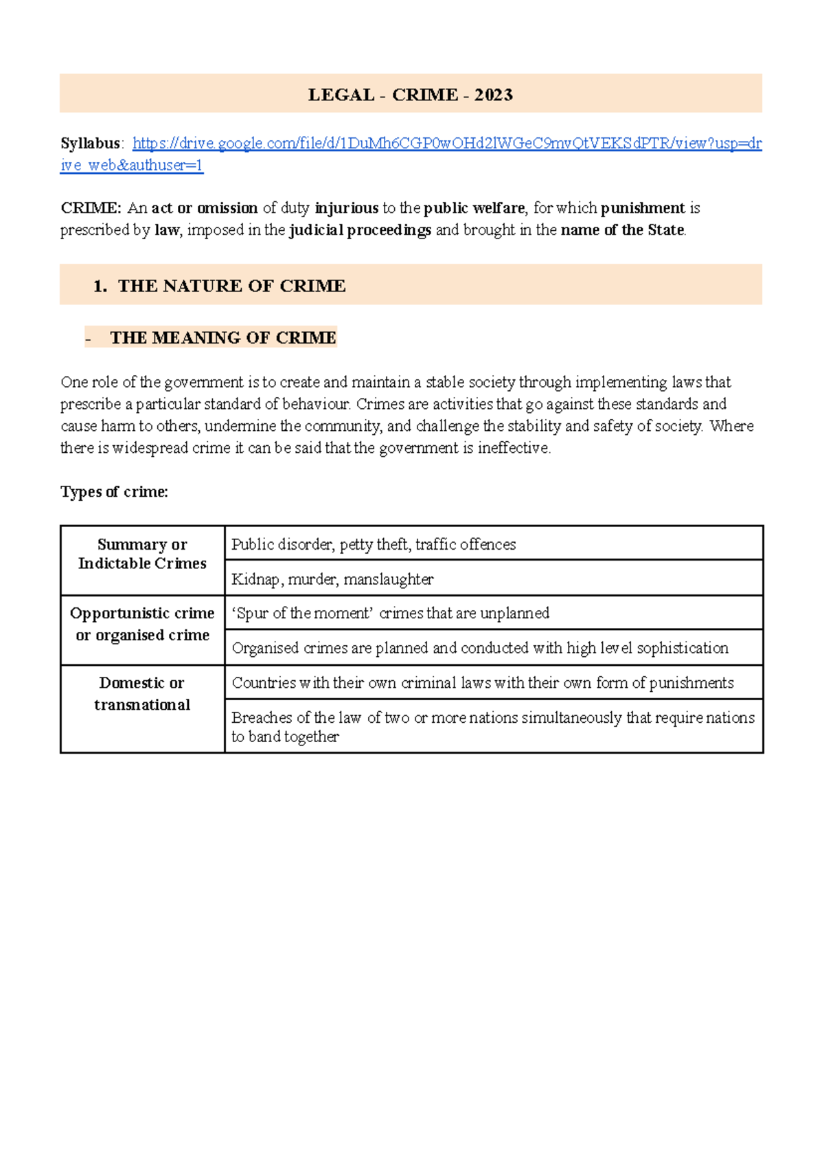 Legal Notes Full Syllabus - LEGAL - CRIME - 2023 - Studocu