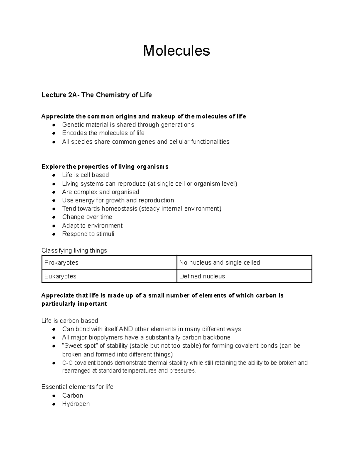 BIOL1007- Molecule Lectures - Molecules Lecture 2A- The Chemistry of ...