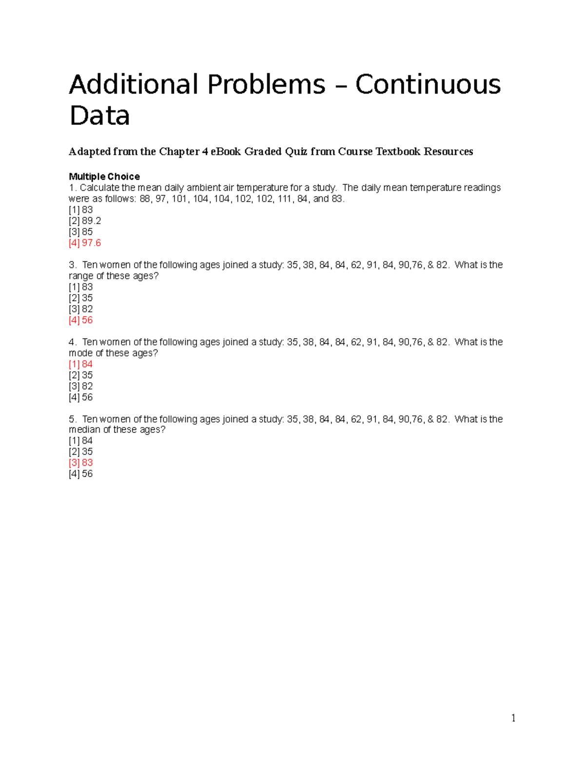 Optional Practice Problems Continuous Data Key Additional Problems