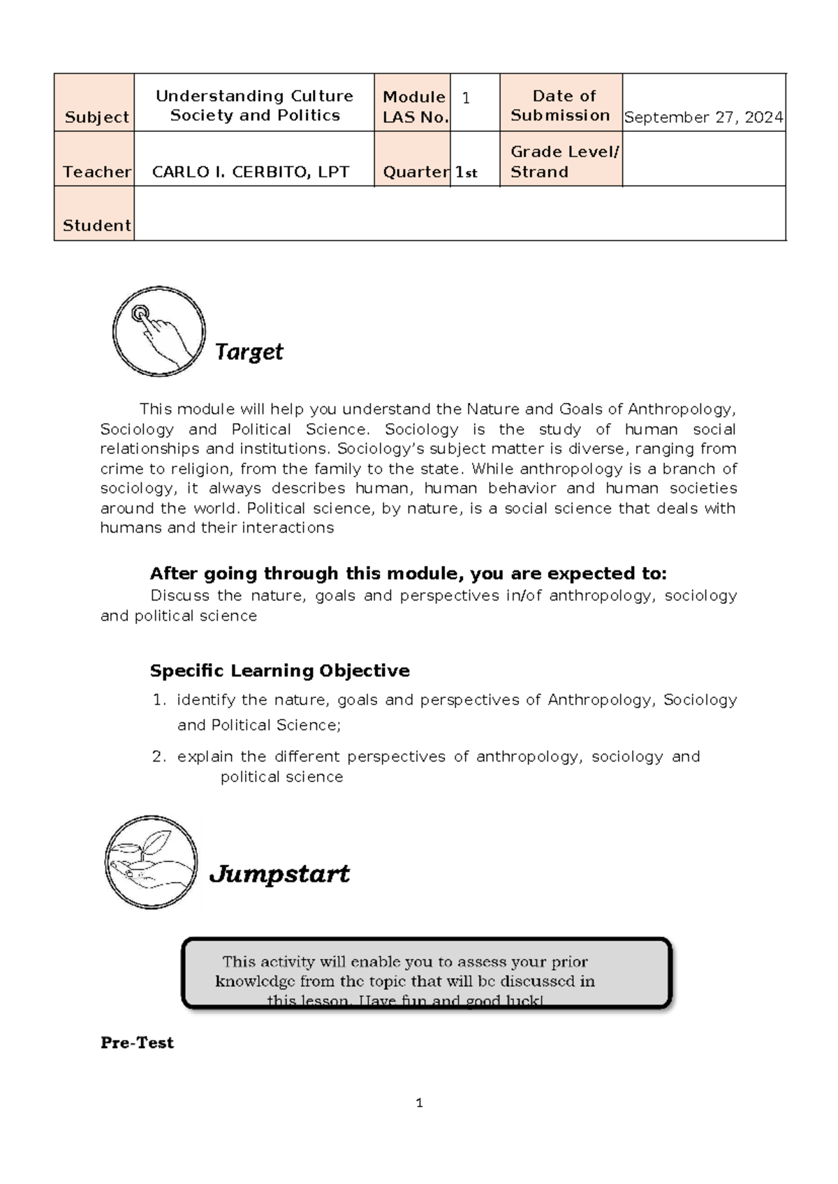 UCSP Module 1 - Glee la Joey tito - Subject Understanding Culture ...