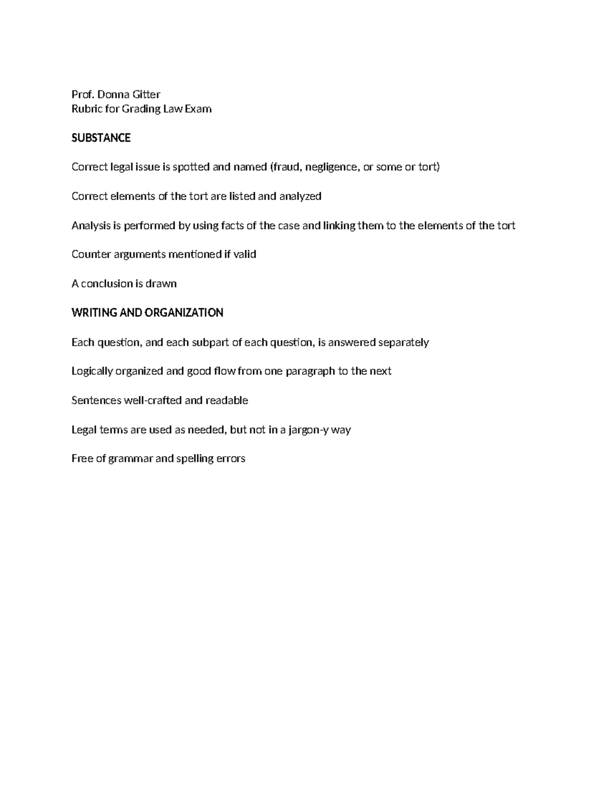 Law Question Rubric - Prof. Donna Gitter Rubric for Grading Law Exam ...