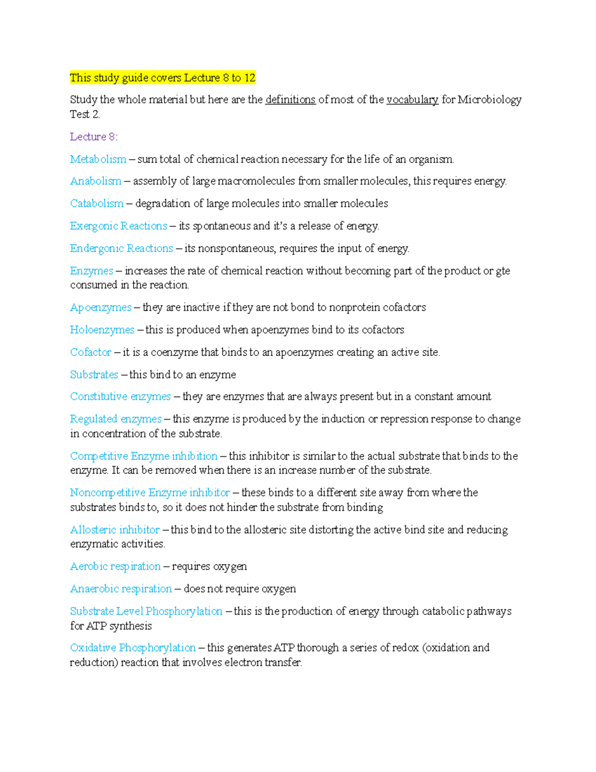 Microbiology study guide 2 - This study guide covers Lecture 8 to 12 ...