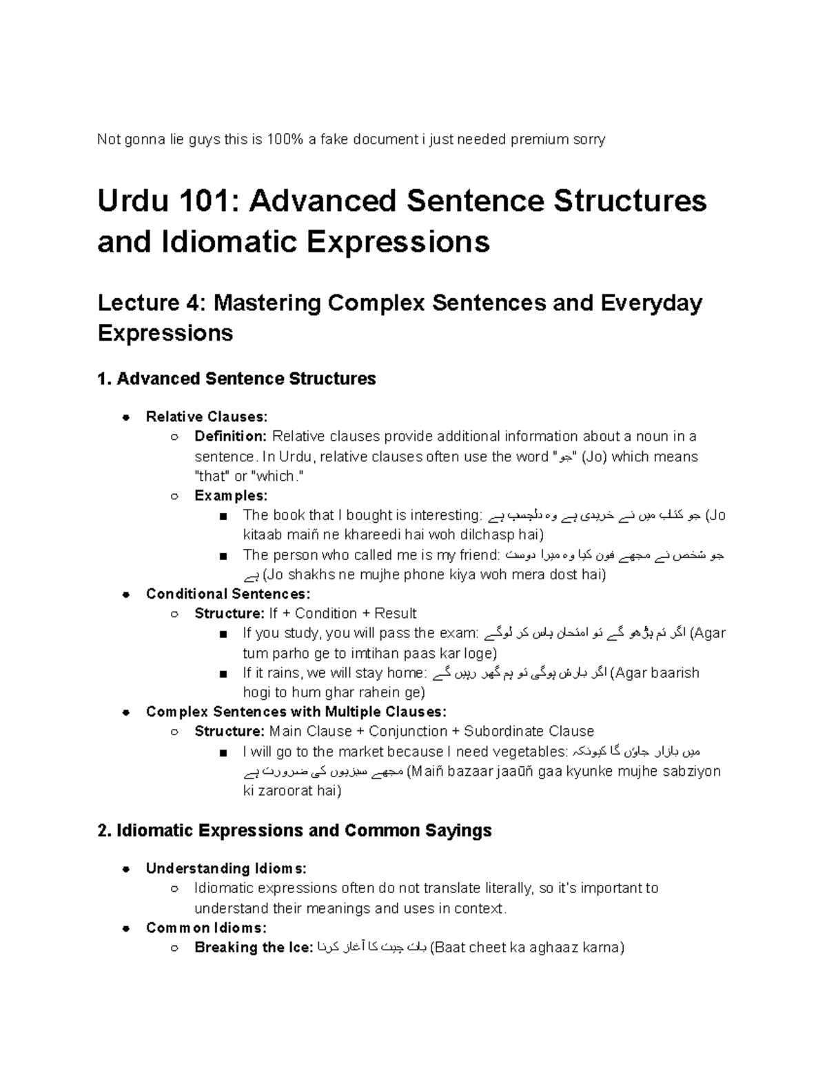 Urdu 101 Advanced Sentence Structures and Idiomatic Expressions - Not ...