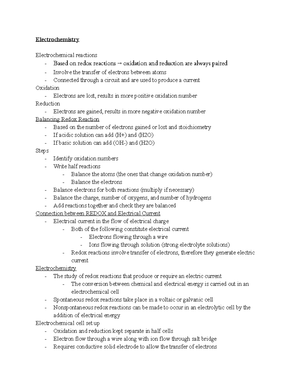 Chapter 19 Study Guide - Electrochemistry Electrochemical reactions ...