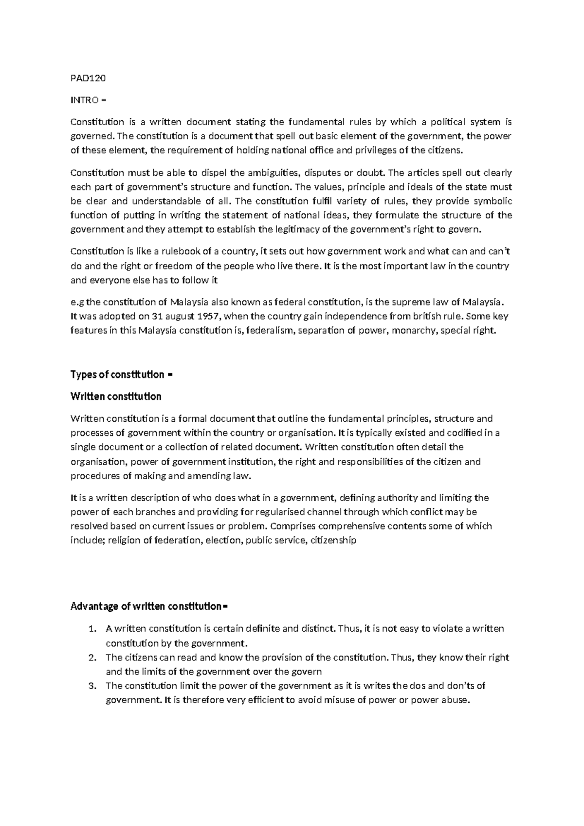 NOTE PAD102 - NOTE - PAD INTRO = Constitution is a written document ...