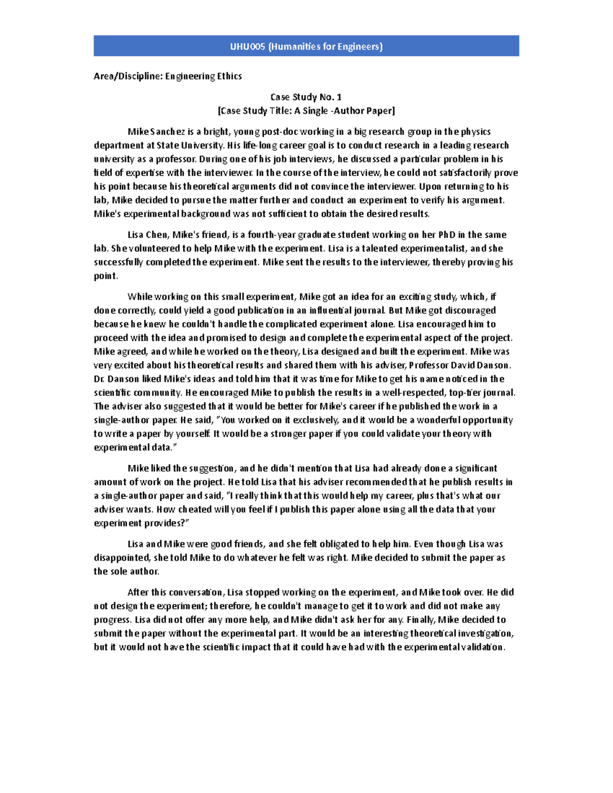 Case Study No. 1 A Single -Author Paper - UHU005 (Humani es for ...