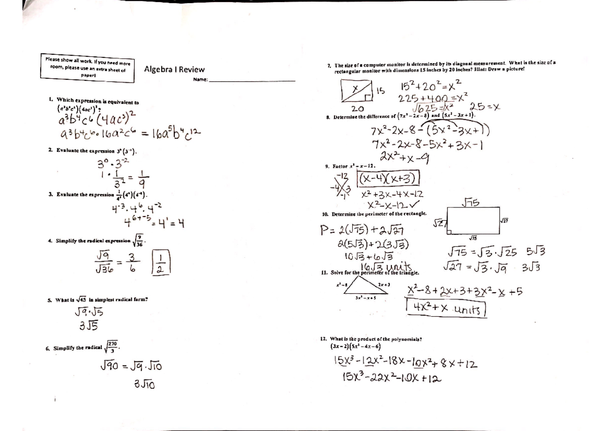 Alg 1 review answers - MATH 124 - Studocu