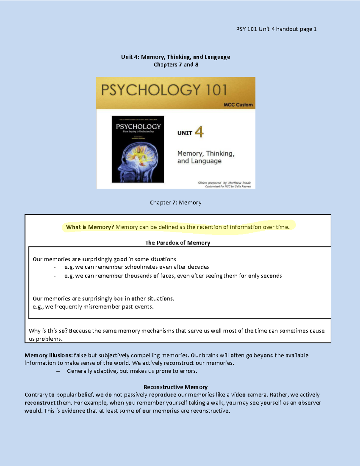 Unit 4 handout - memory thinking and language - Unit 4: Memory ...