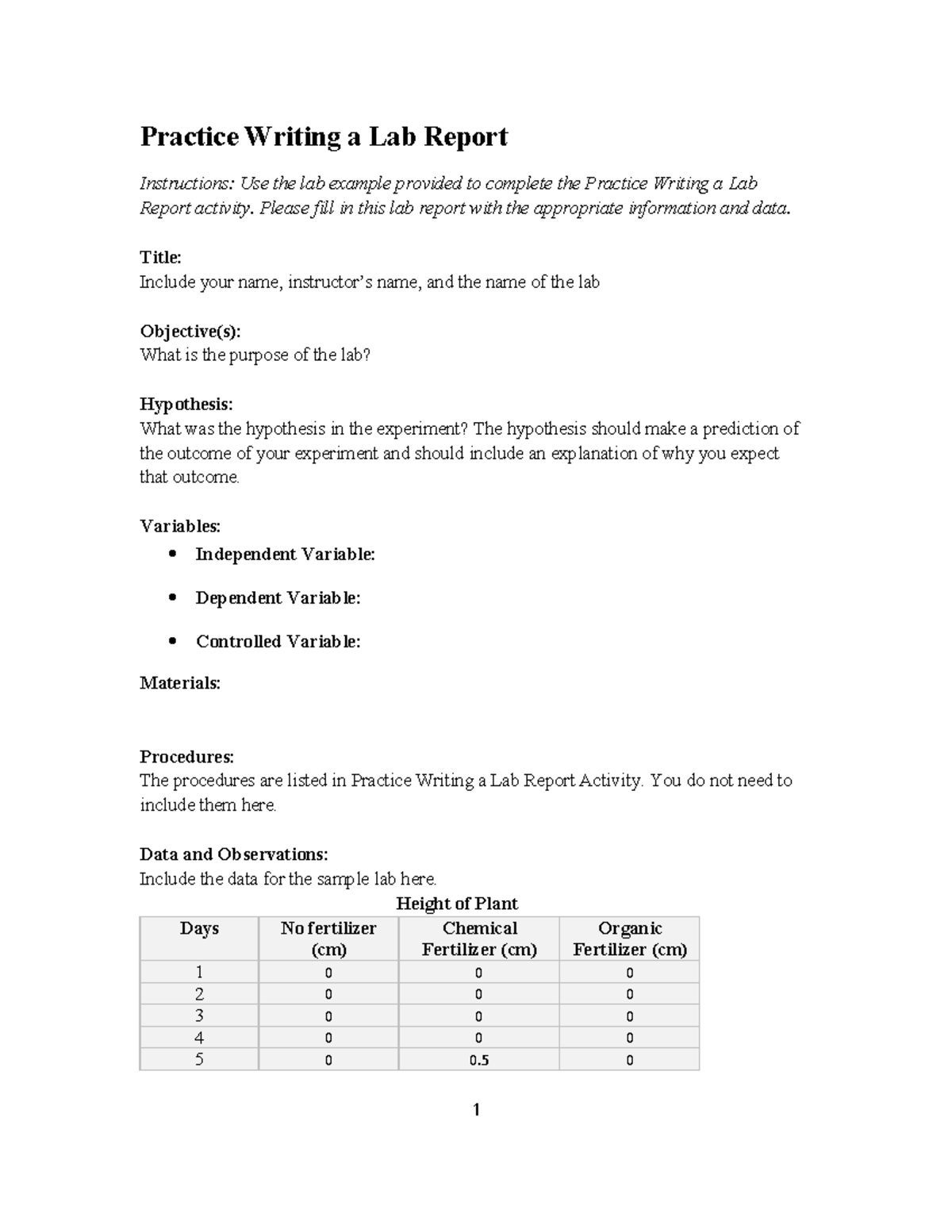 Hey - hruu - Practice Writing a Lab Report Instructions: Use the lab ...