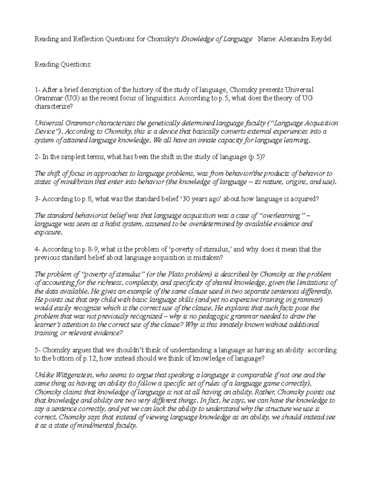 Chomsky - According to p, what does the theory of UG characterize ...