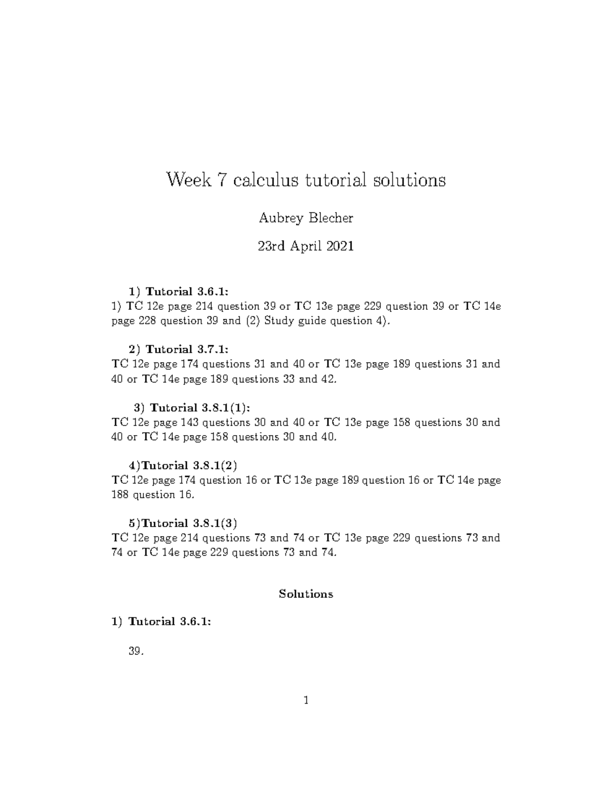 Week 7 calculus tutorial solutions 2 - Week 7 calculus tutorial ...