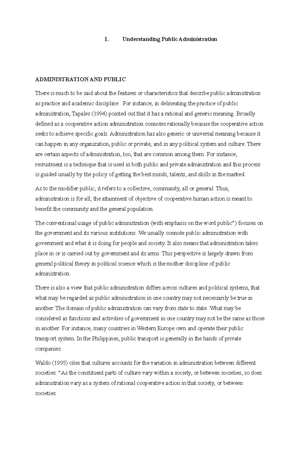 Module 1- Understanding Public Administration (1) - I. Understanding ...