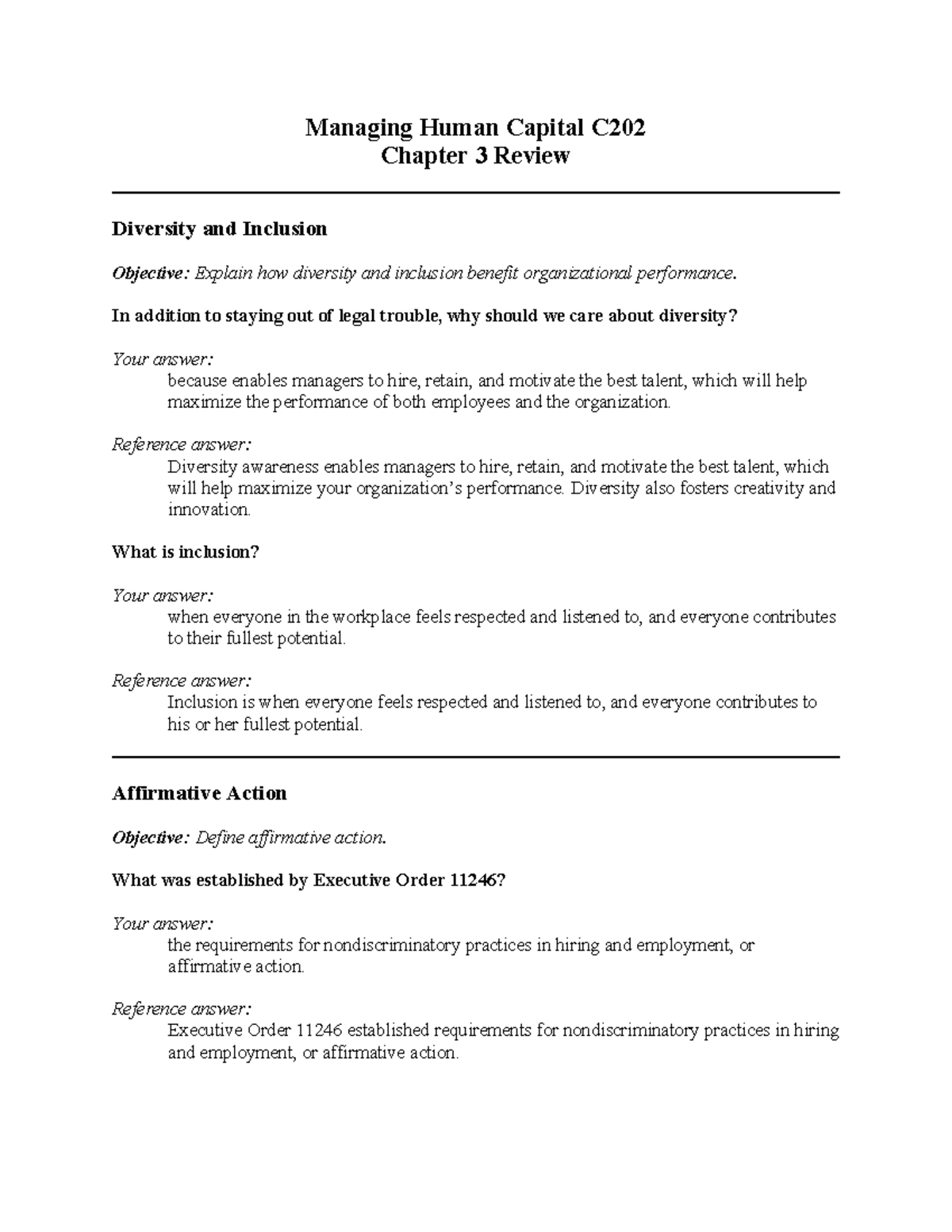 Chapter 3 Review - Managing Human Capital C Chapter 3 Review Diversity and Inclusion Objective ...