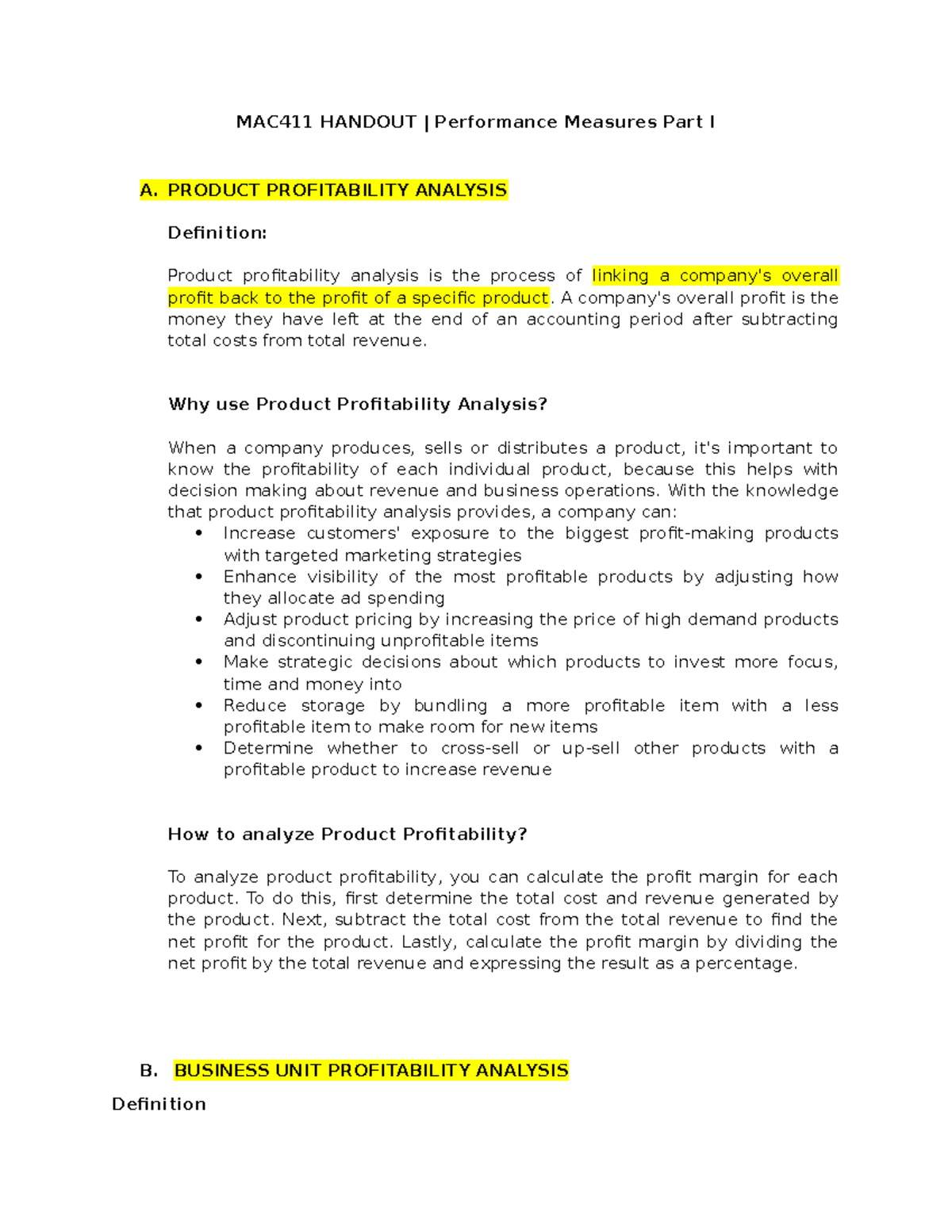 Performance Measures Handout Part I - MAC411 HANDOUT | Performance ...
