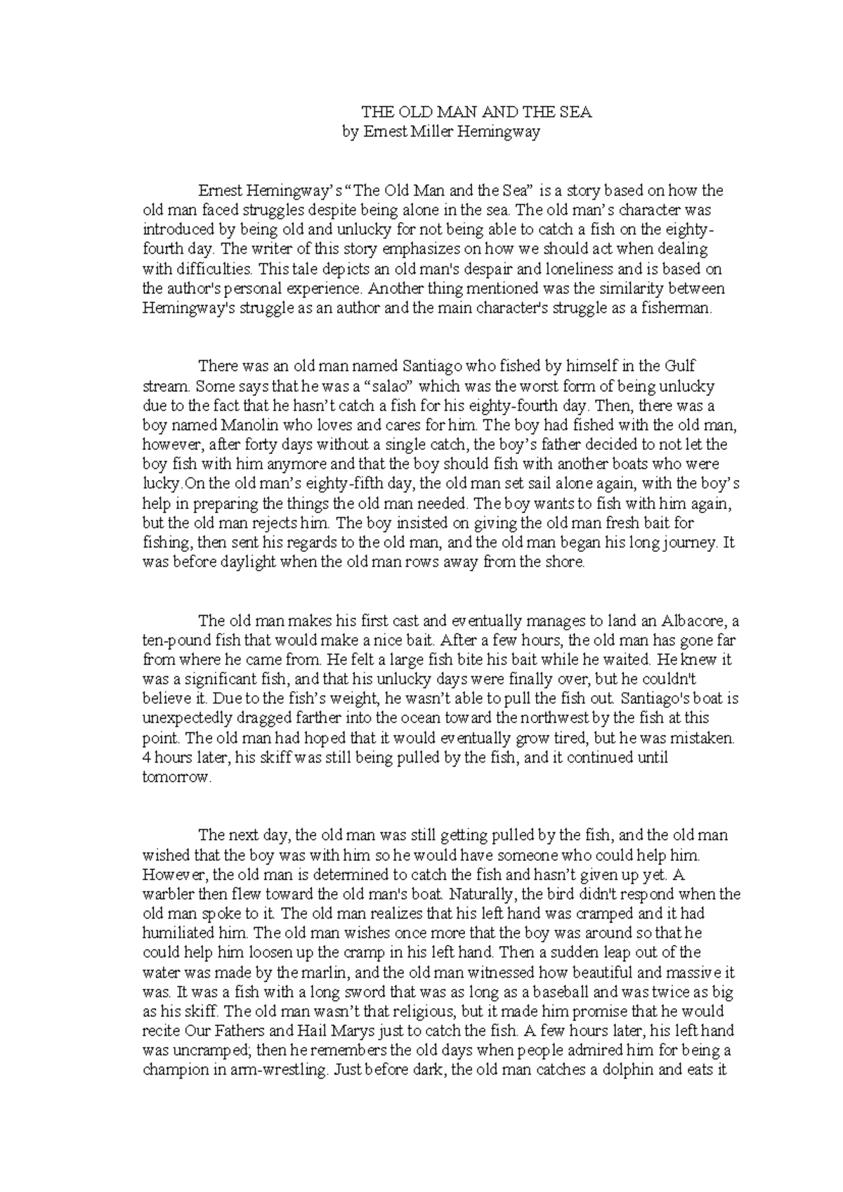THE OLD MAN AND THE SEA (Critique Paper) - THE OLD MAN AND THE SEA by ...