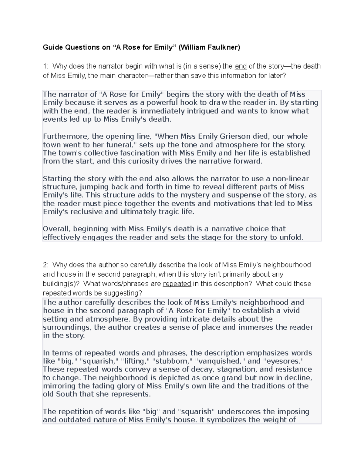 Guide Questions on 'A Rose for Emily' - Guide Questions on “A Rose for ...