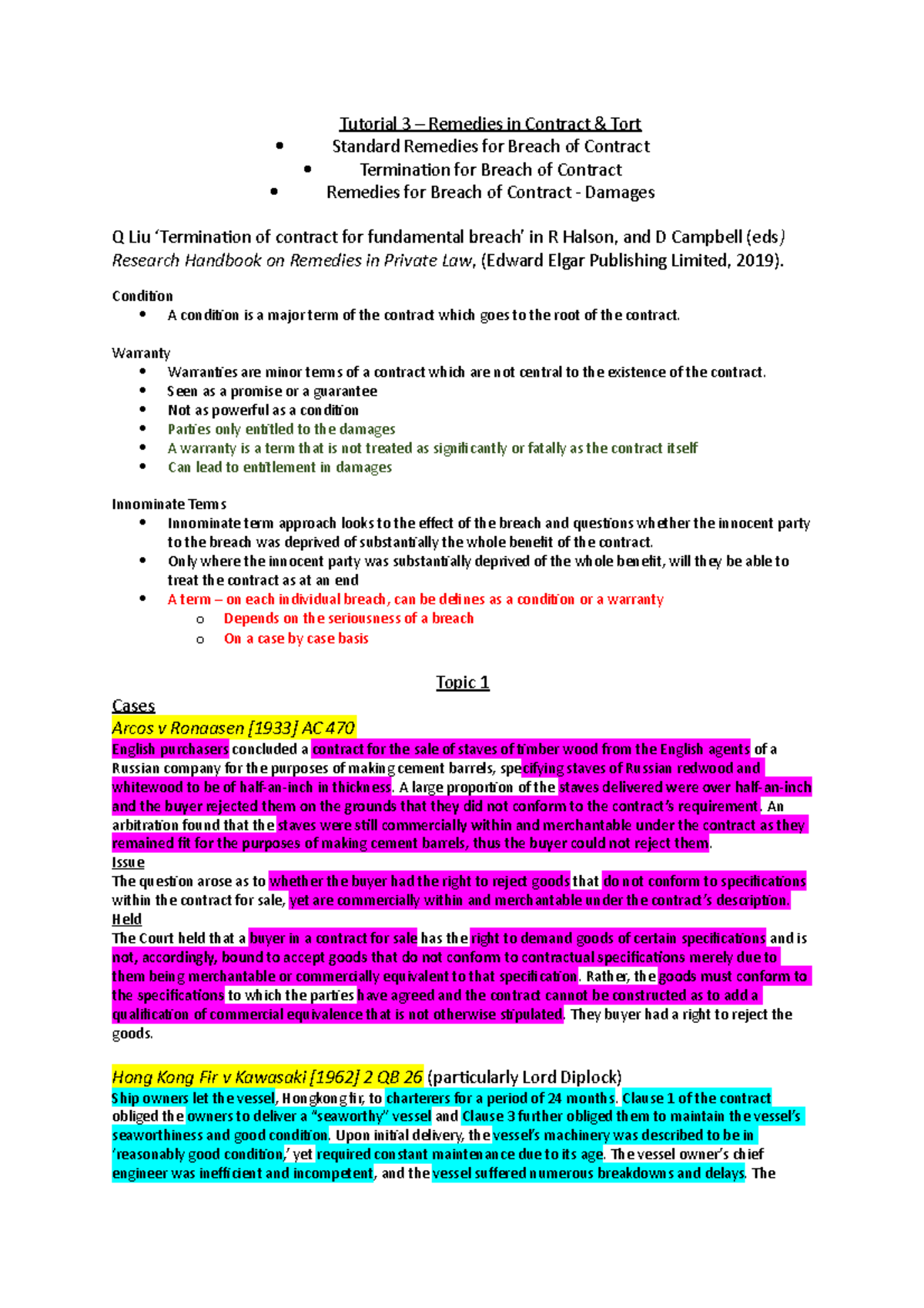 Tutorial 3 Activity - Tutorial 3 – Remedies in Contract & Tort Standard ...