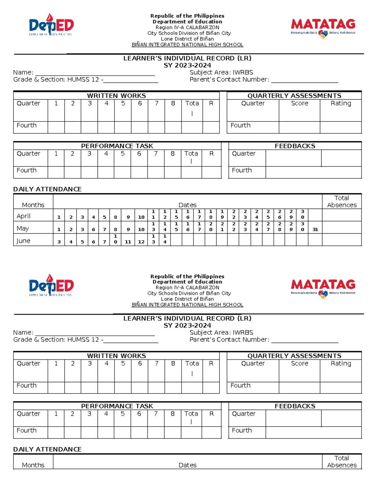 Individual Learner's Record (LR) - Republic of the Philippines ...