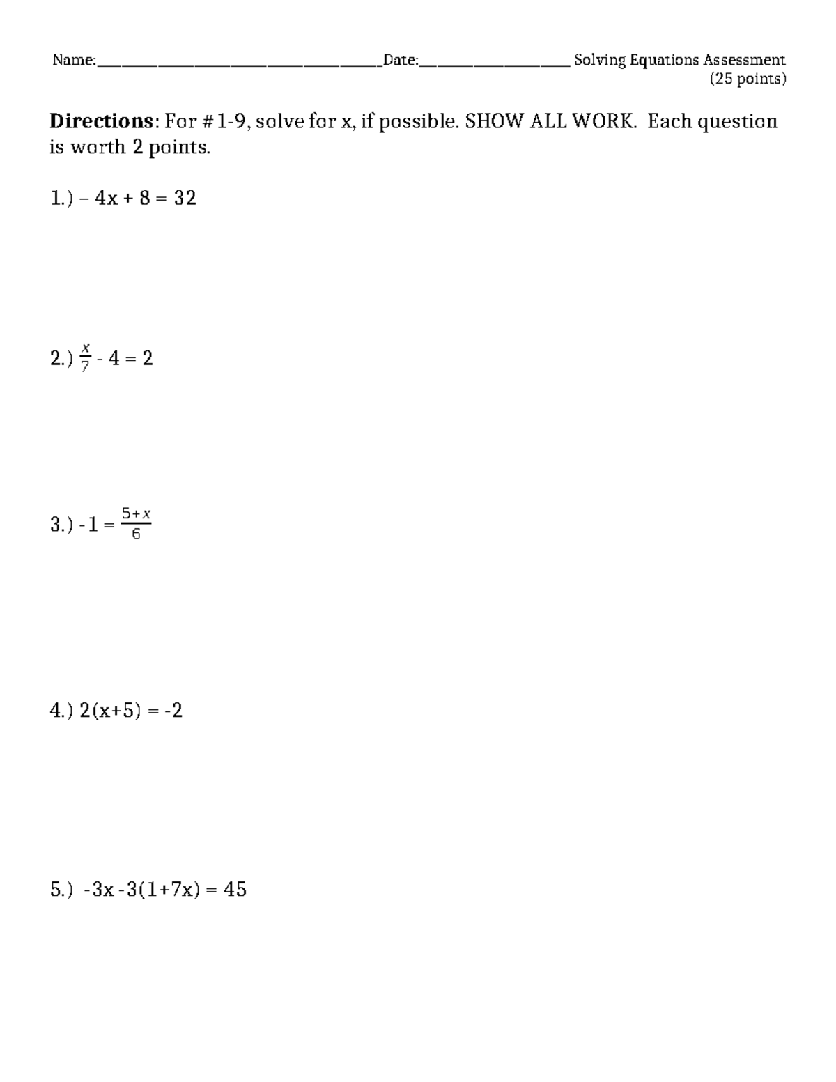 Solving Equations Assessment - SHOW ALL WORK. Each question is worth 2 ...