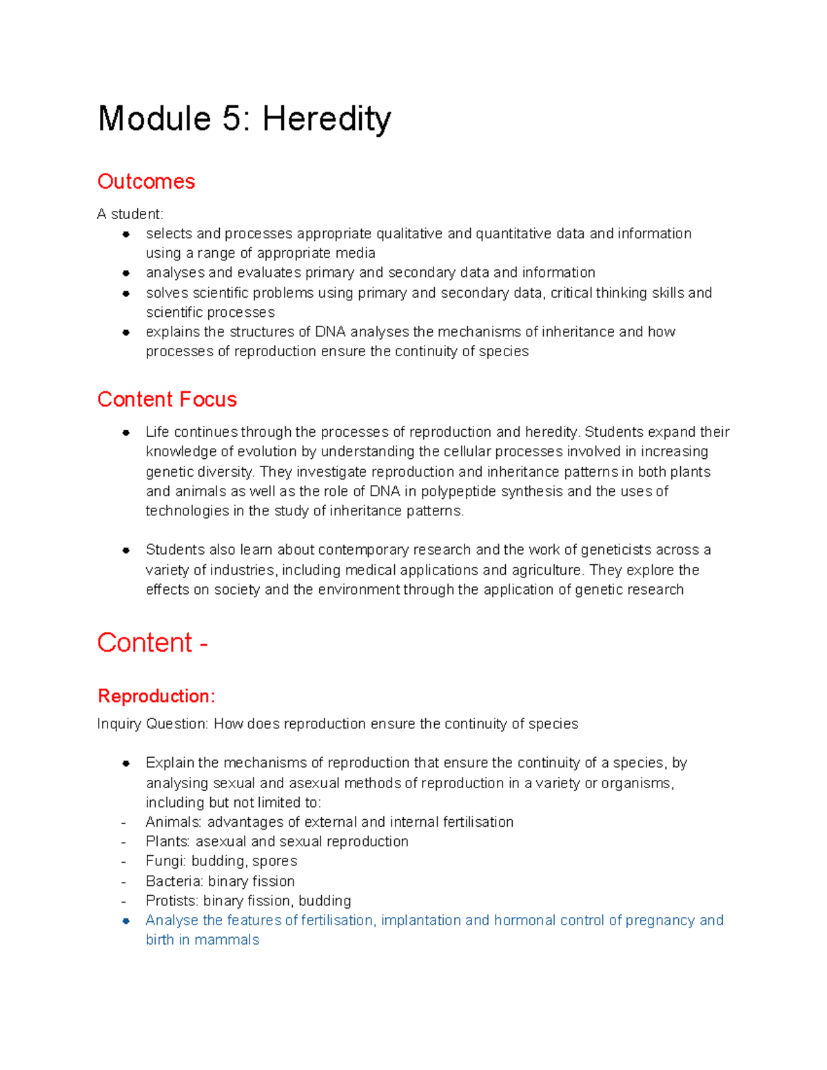 BIO MOD 5 Syllabus - Heredity - Module 5: Heredity Outcomes A student ...