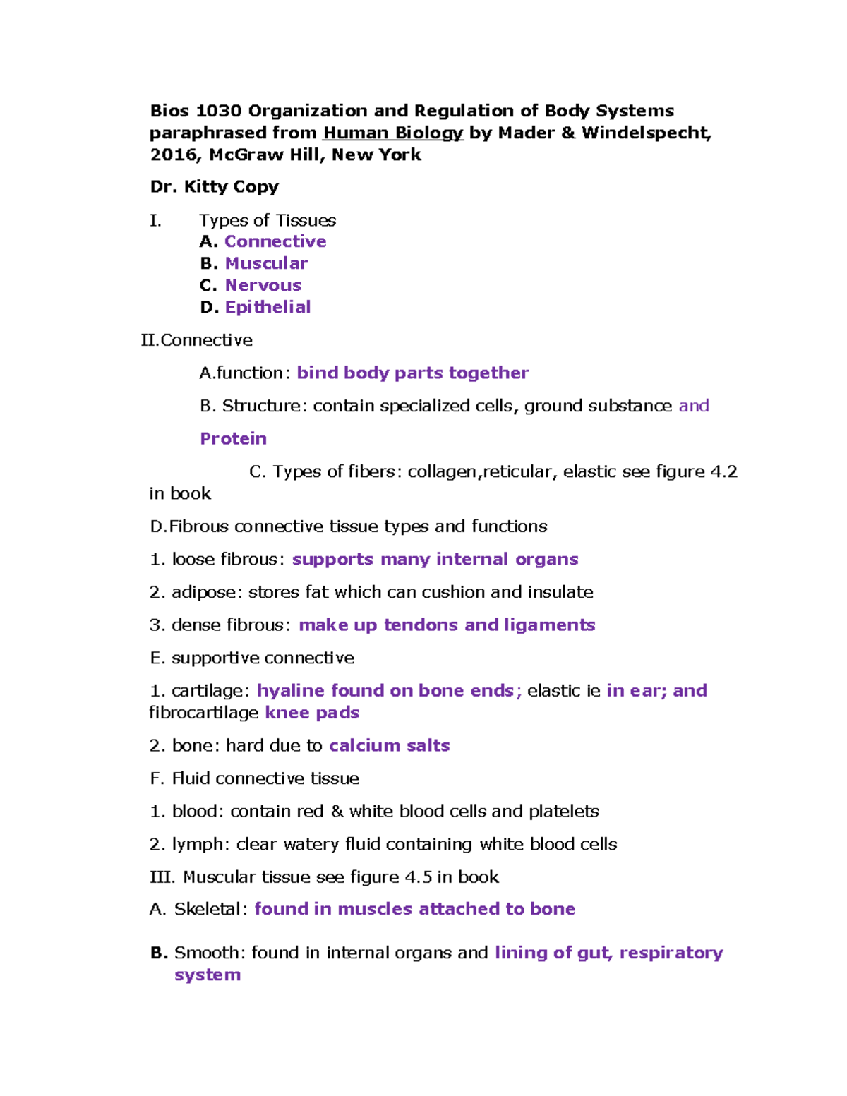 organization & regulation of body systems - Bios 1030 Organization and ...