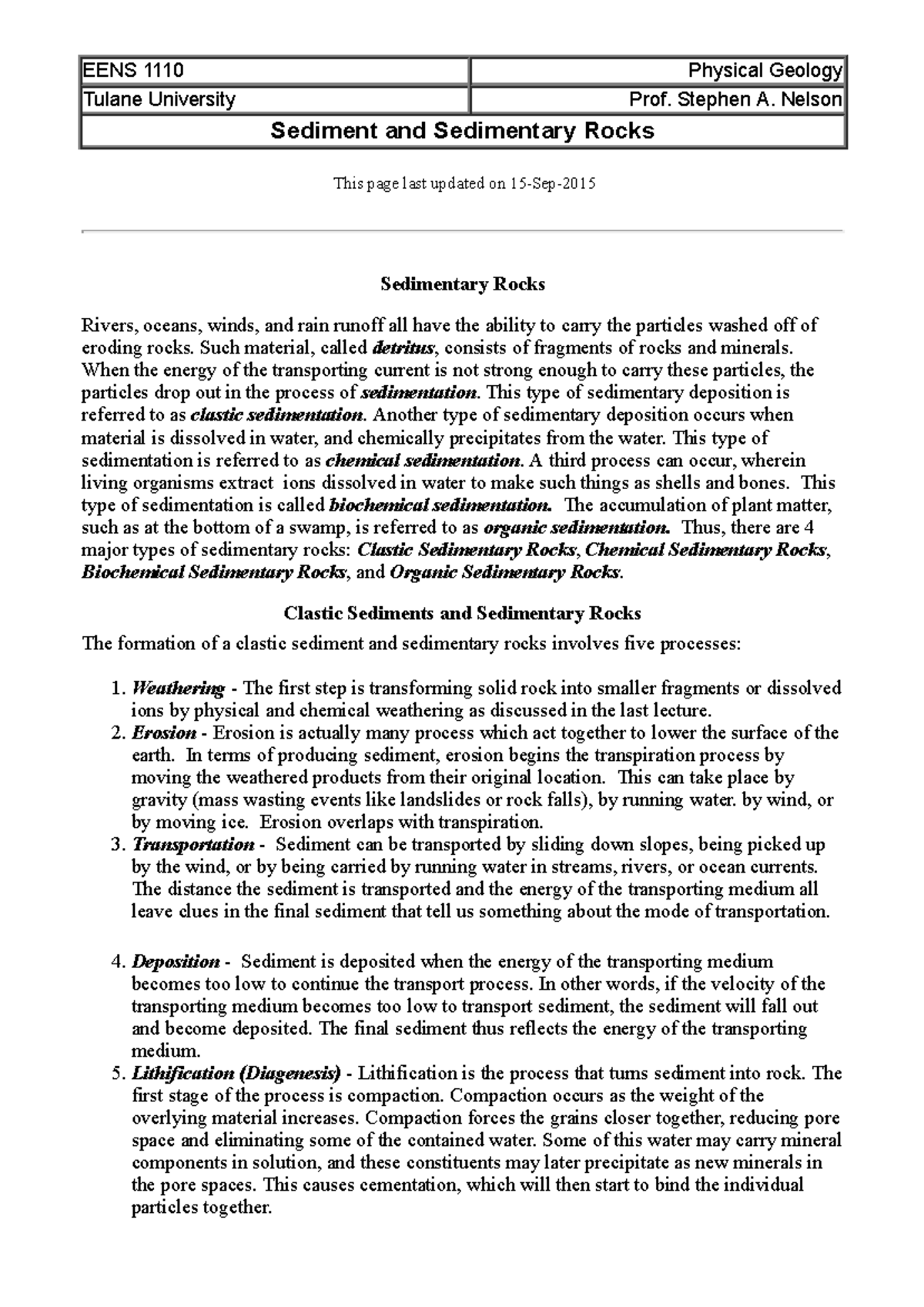 Sedimentary Rocks - Lecture notes - EENS 1110 Physical Geology Tulane ...