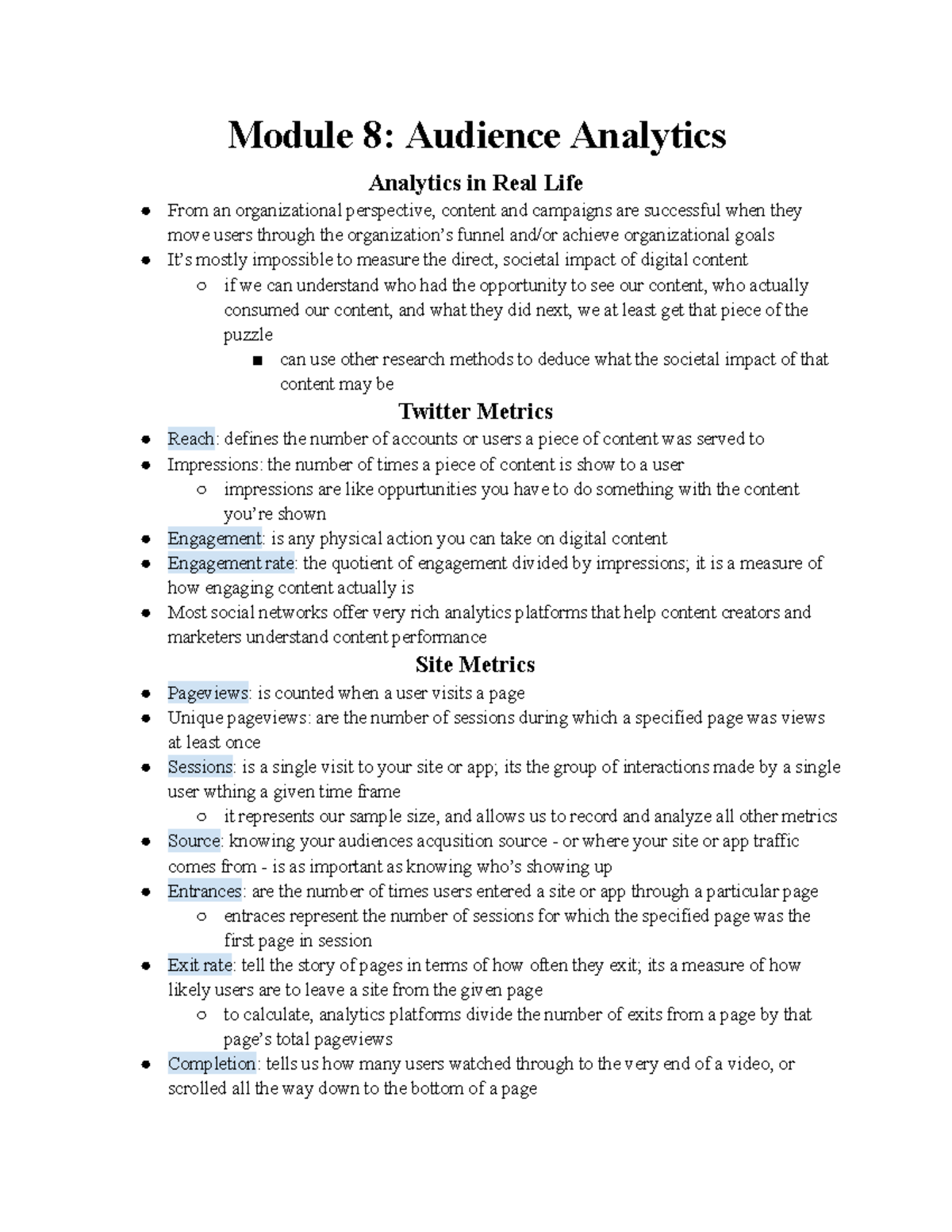 Module 8 notes - Module 8: Audience Analytics Analytics in Real Life ...