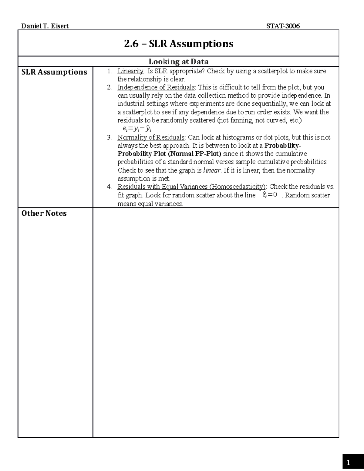 STAT-3006 - Notes - 10-3 - SLR Assumptions - 1 Daniel T. Eisert STAT- 2 ...