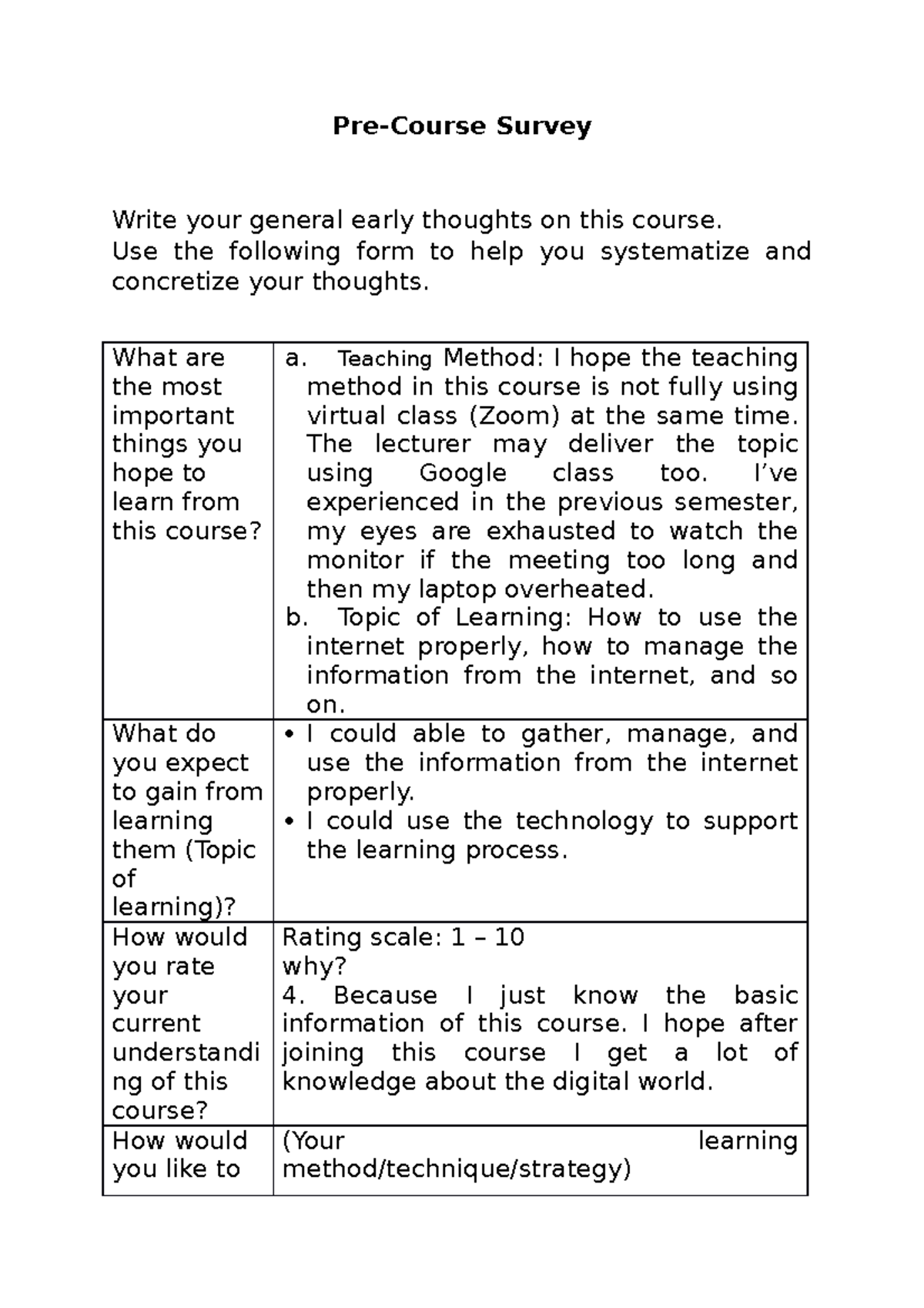 Other Pre-Course Survey 1 - Pre-Course Survey Write your general early ...