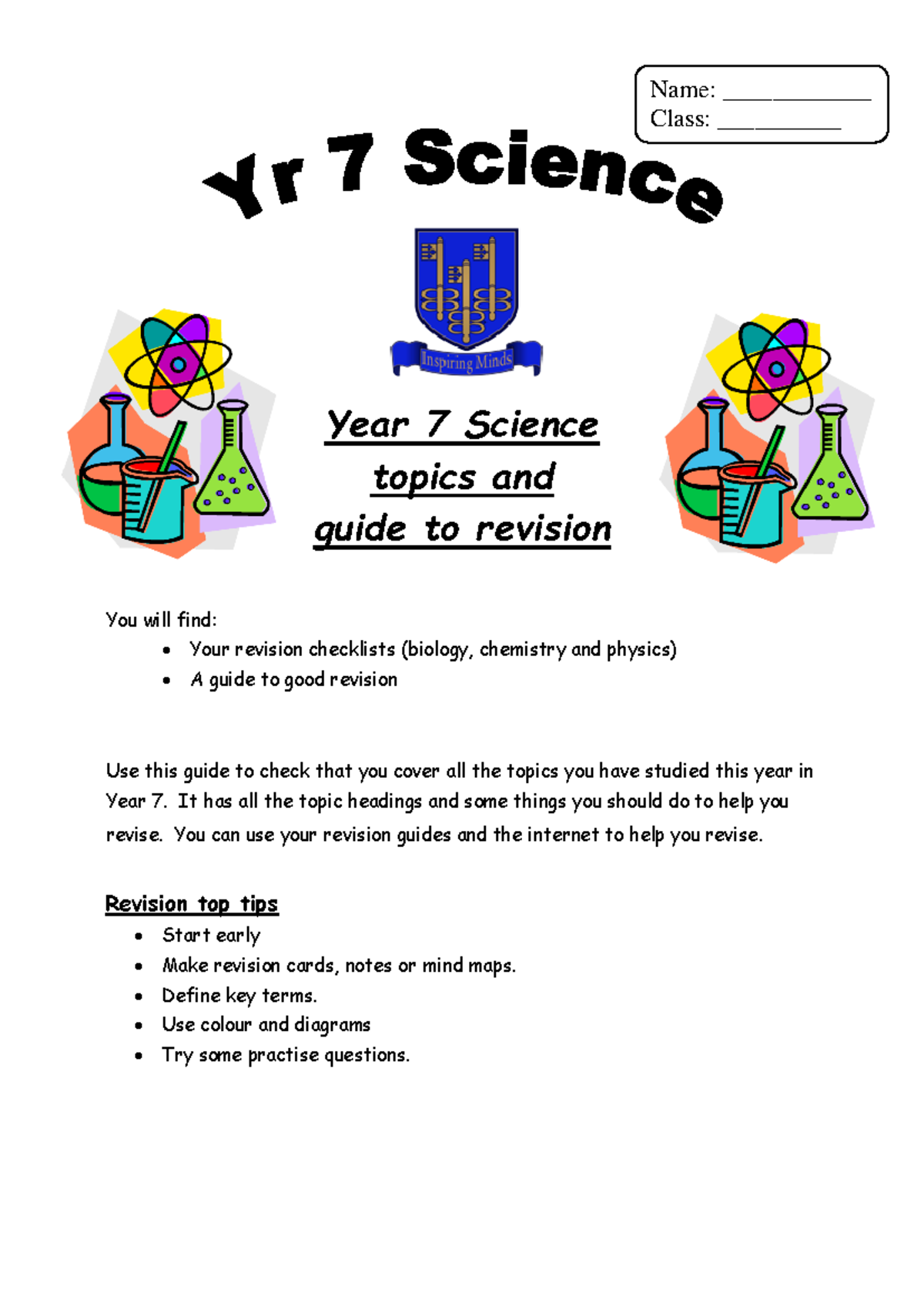 science booklet - Year 7 Science topics and guide to revision You will ...