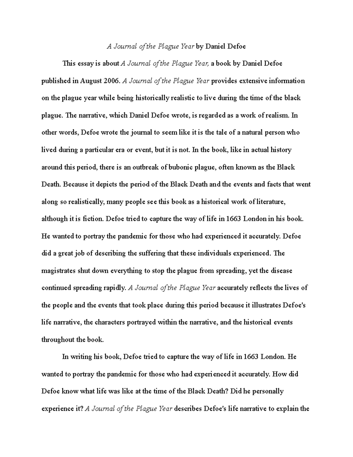 A Journal of the Plague Year by Daniel Defoe - A Journal of the Plague ...