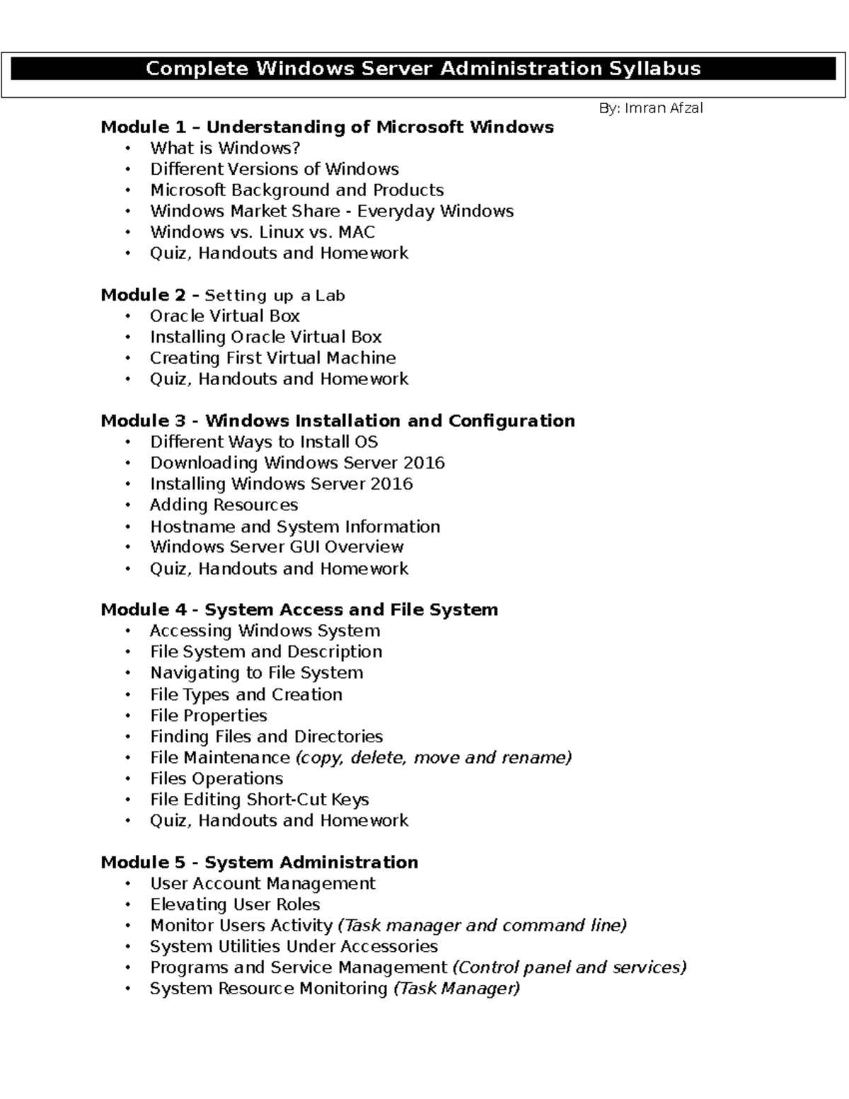 Windows-Server-Syllabus - By: Imran Afzal Module 1 – Understanding of ...