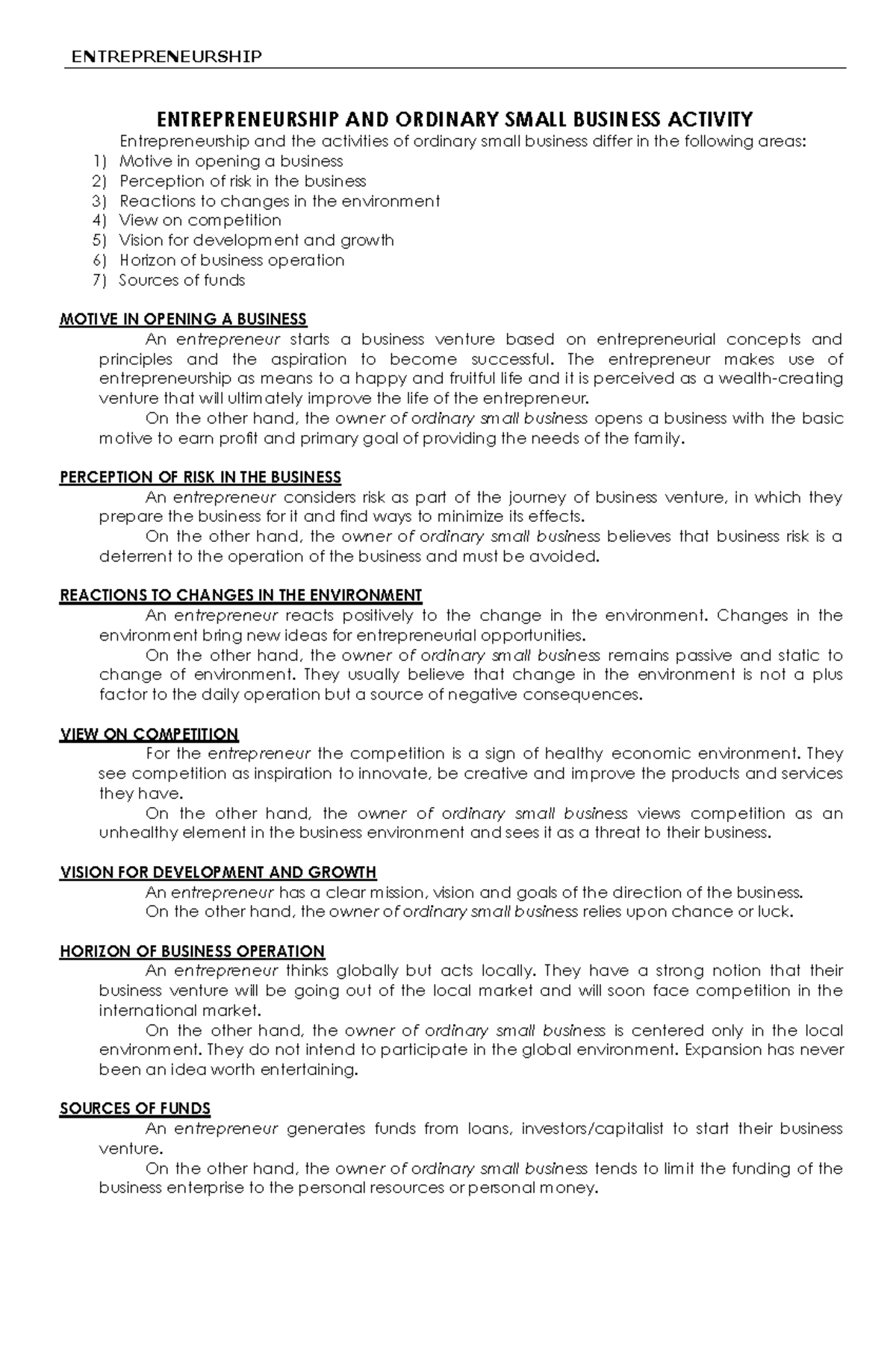 Entrepreneurship - ENTREPRENEURSHIP ENTREPRENEURSHIP AND ORDINARY SMALL ...