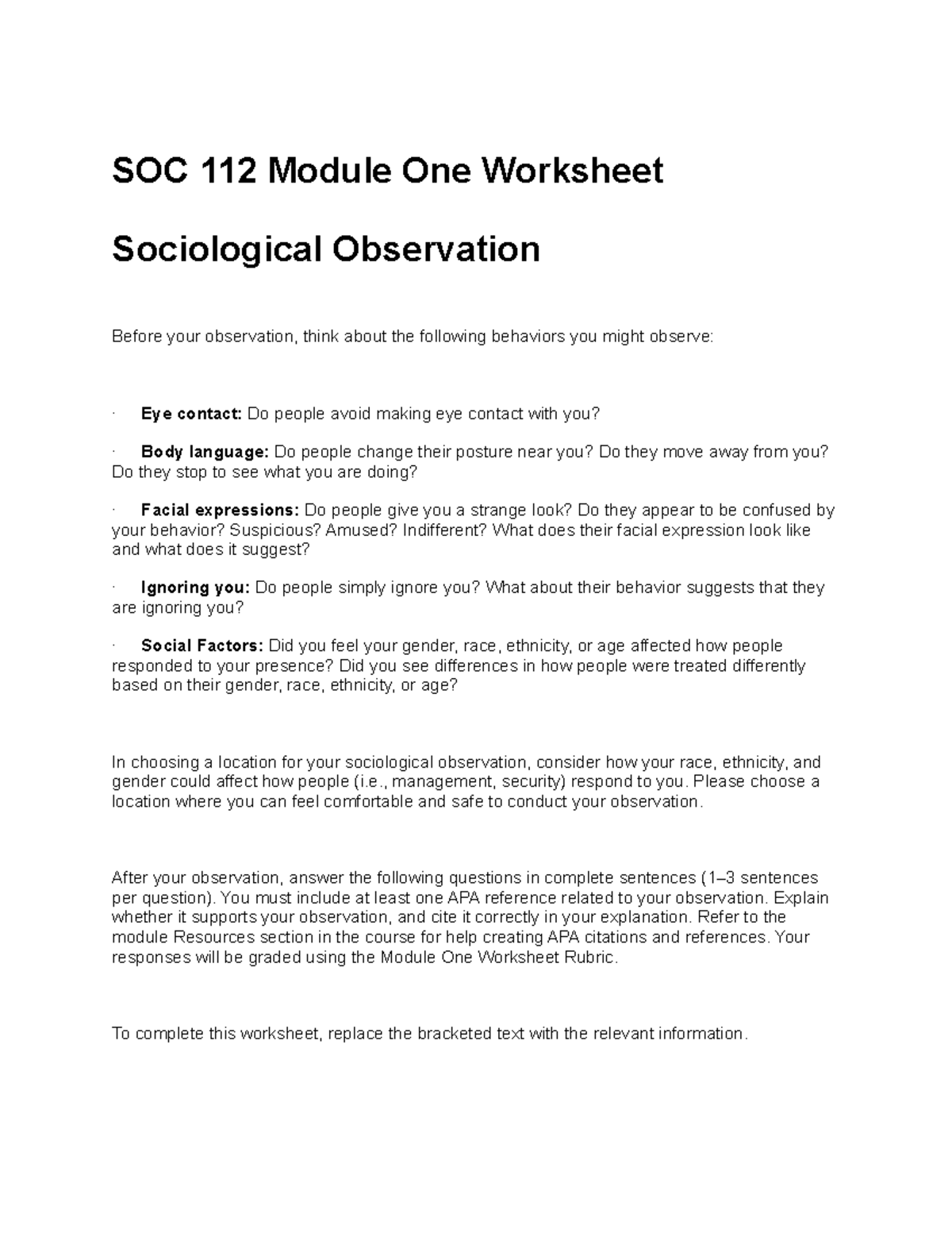 SOC122 1-2 Worksheet - SOC 112 Module One Worksheet Sociological ...