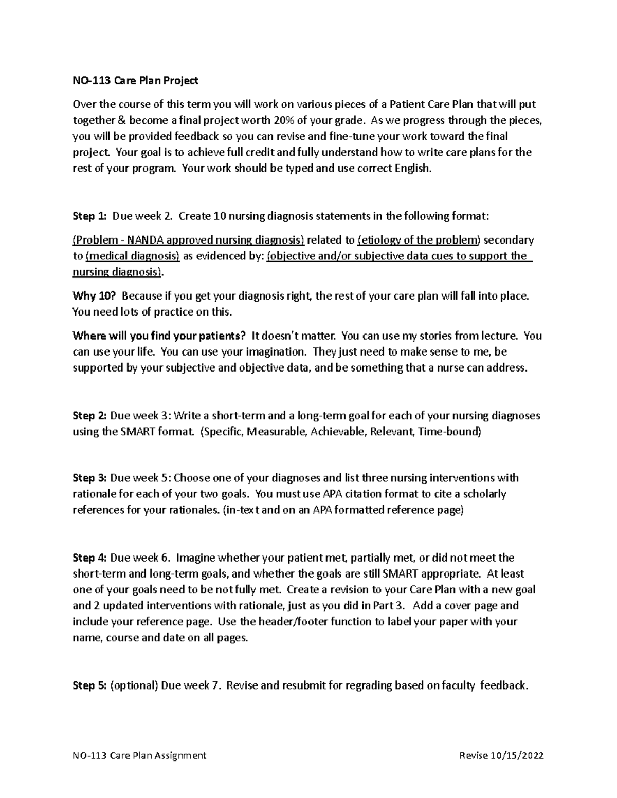 Care Plan Assignment-1 - NO-113 Care Plan Project Over the course of ...