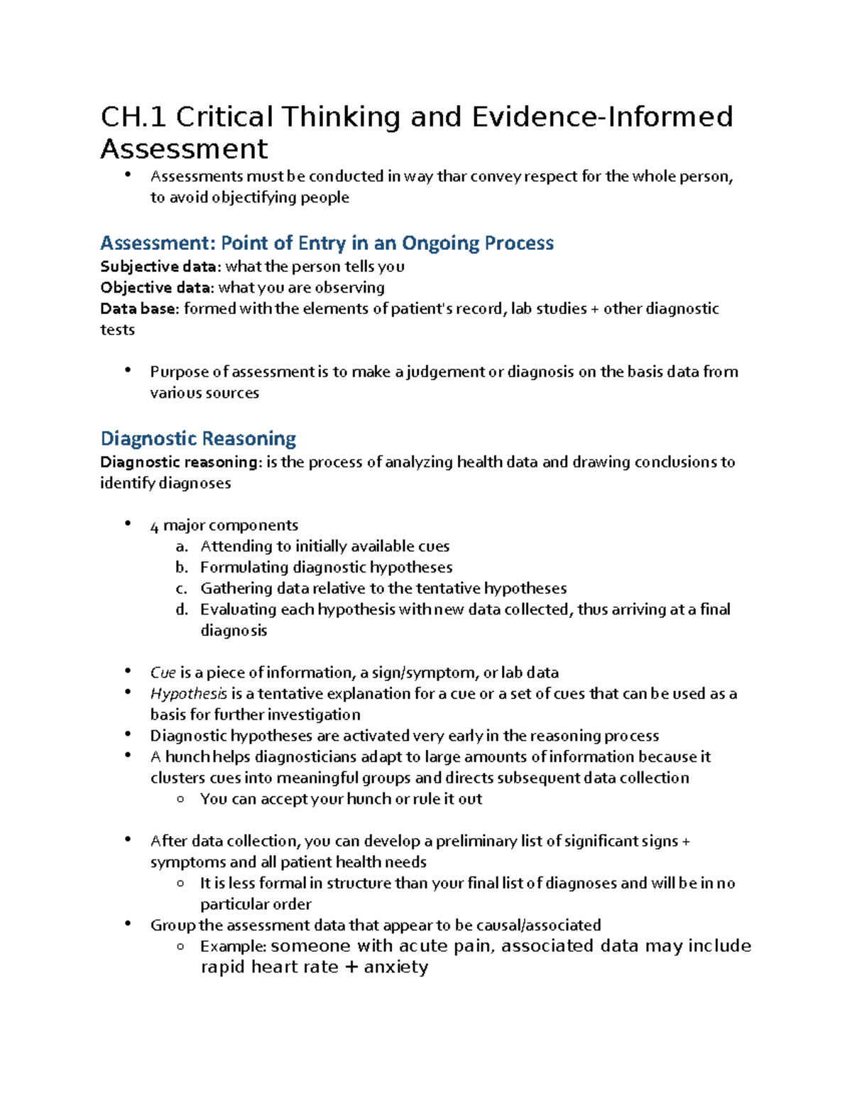 Health Assessment Week 1-5 Notes - CH Critical Thinking and Evidence ...