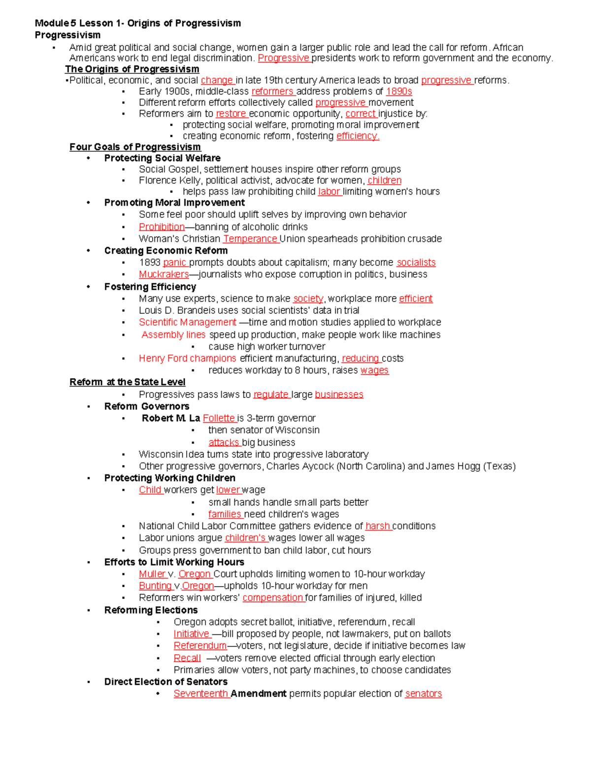 5-1 Origins of Progressivism Notes Handout - Module 5 Lesson 1- Origins ...