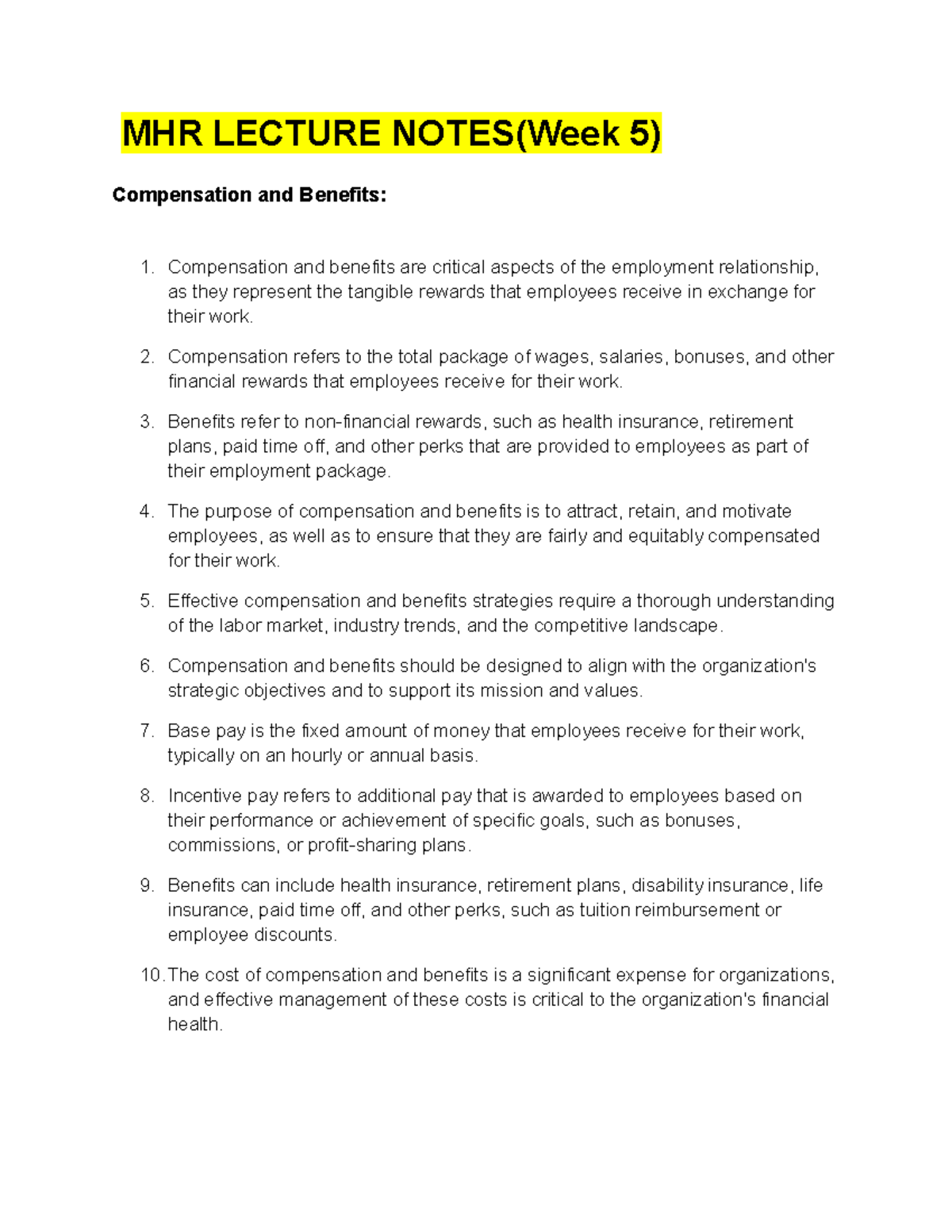 MHR Lecture Notes(Week 5) - MHR LECTURE NOTES(Week 5) Compensation and ...