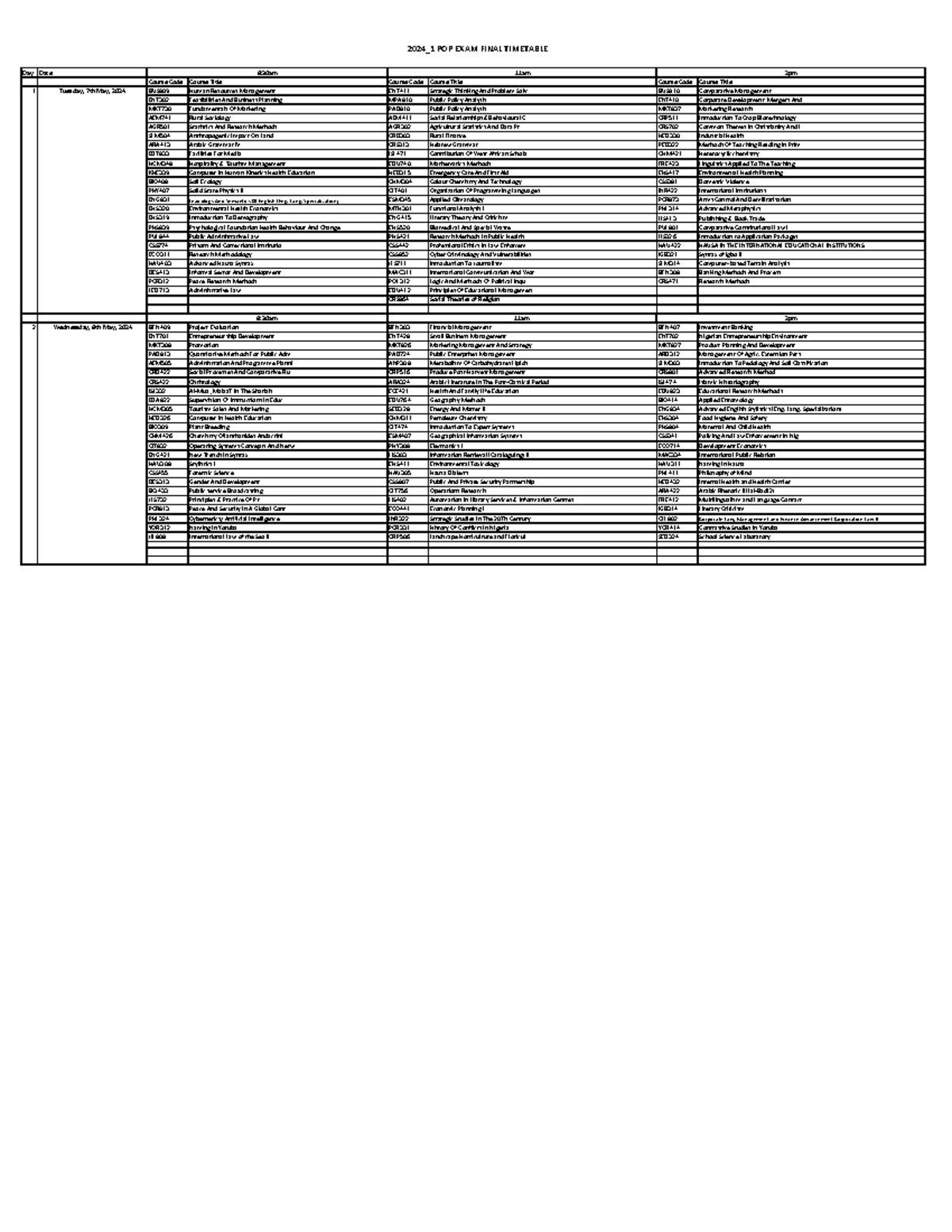 2024 1 POP Final Timetable - Day Date Course Code BUS809 Course ...
