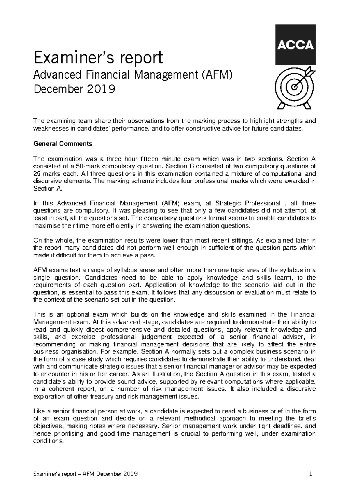 Afm-examreport-d19 - Examiner’s report Advanced Financial Management ...