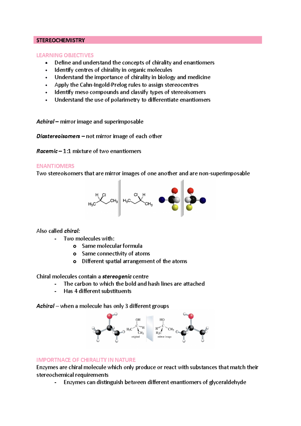 Week 4 lecture notes - STEREOCHEMISTRY LEARNING OBJECTIVES Define and ...