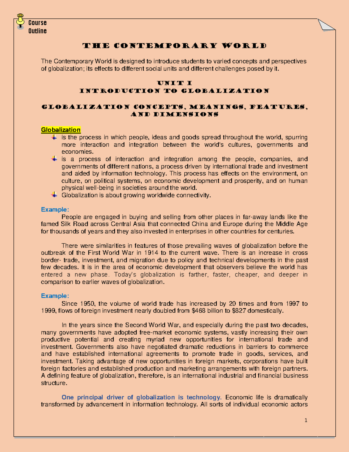 contemporary world - ( UNIT 1- Outline ) - The Contemporary World The ...