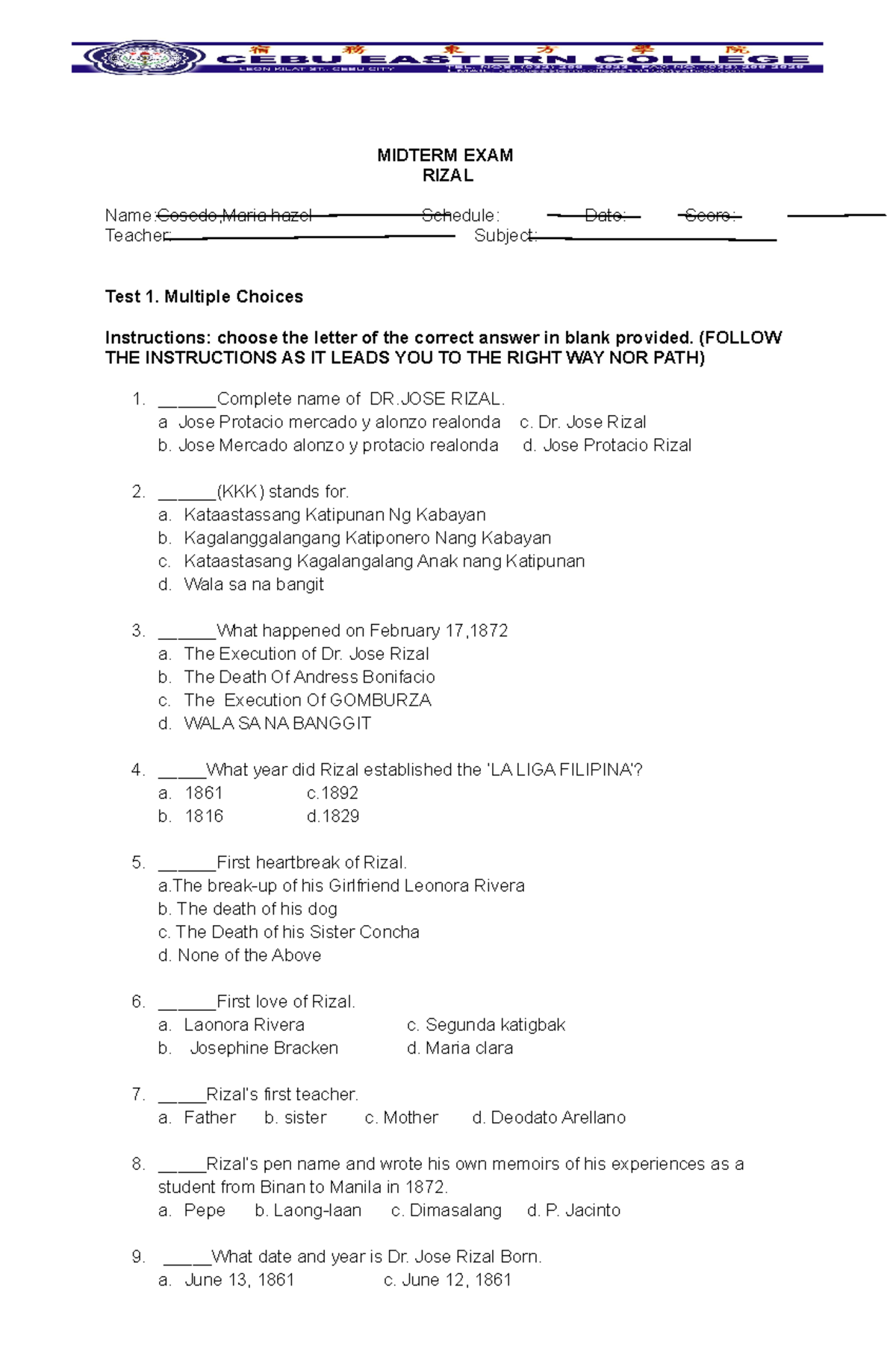 Rizal exam midterm Final - MIDTERM EXAM RIZAL Name:Cosedo,Maria hazel ...