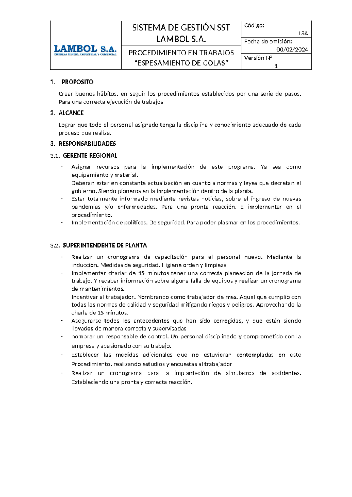 Relaves Procedimie - SISTEMA DE GESTIÓN SST LAMBOL S. LSA Fecha de ...