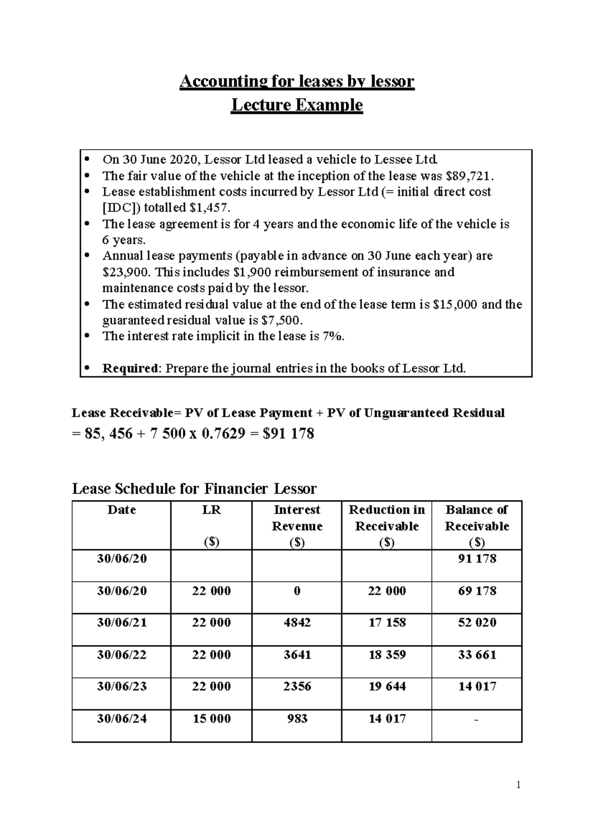 ACCG2024 L7 Lecture Example Lessor Solution - Accounting for leases by ...