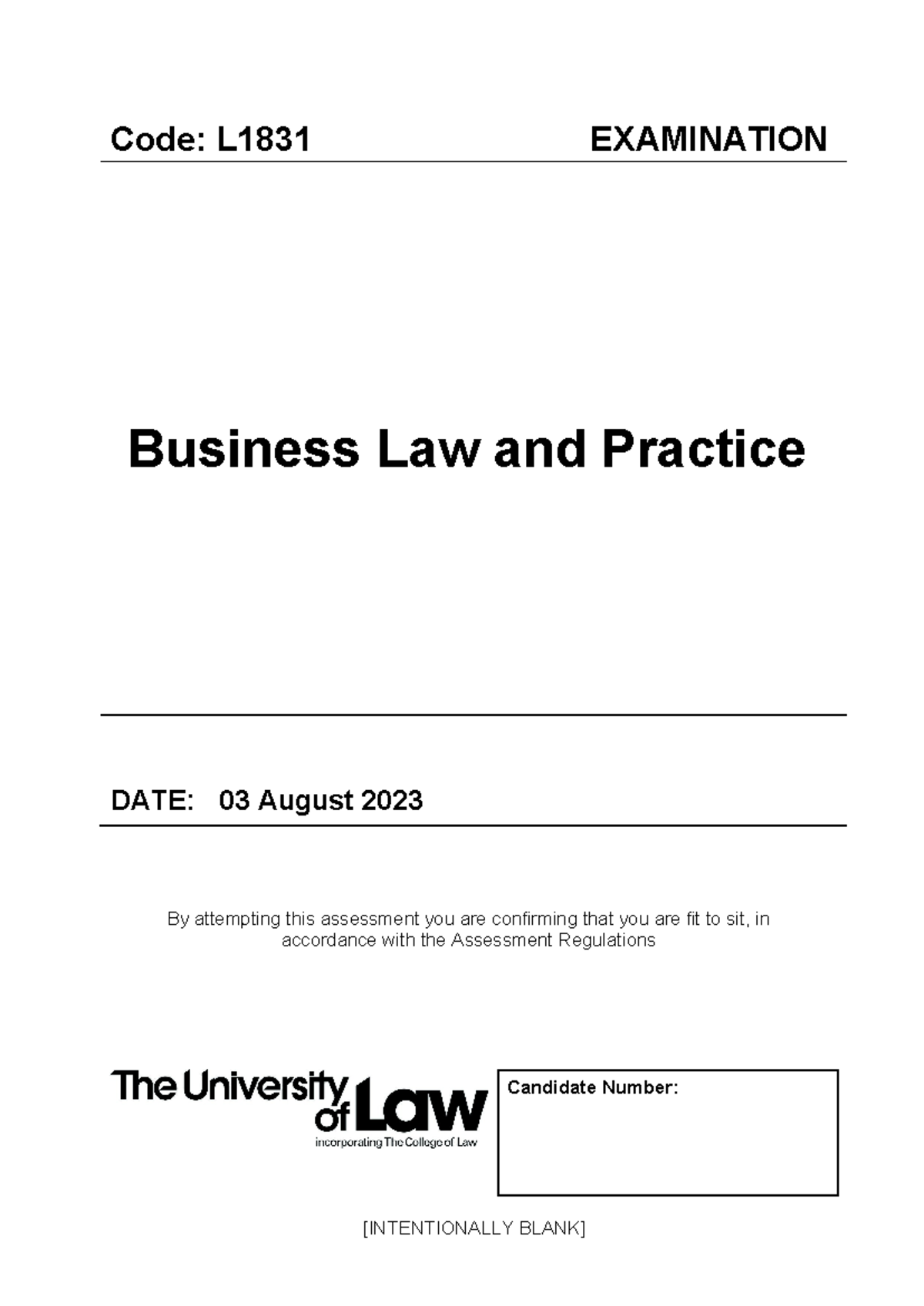 L1831 blp exam aug23 final - Code: L1831 EXAMINATION Business Law and ...
