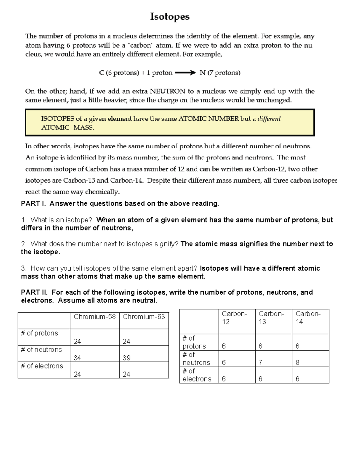 Isotopes answers - idk - PART I. Answer the questions based on the ...